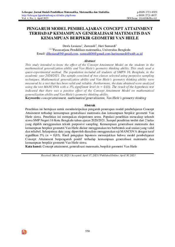(PDF) Pengaruh Model Pembelajaran Concept Attainment Terhadap Kemampuan Generalisasi Matematis ...