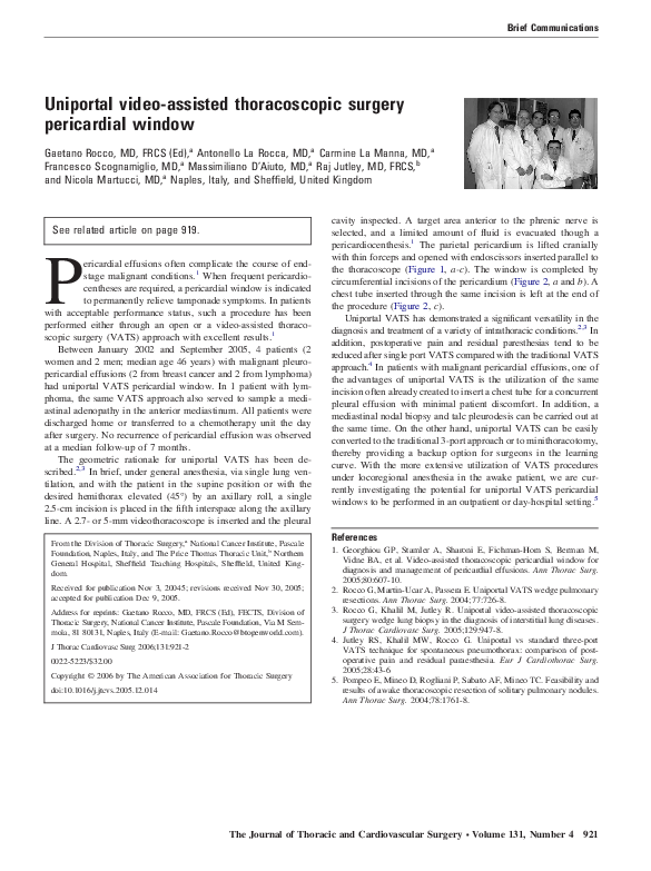 (PDF) Uniportal video-assisted thoracoscopic surgery pericardial window