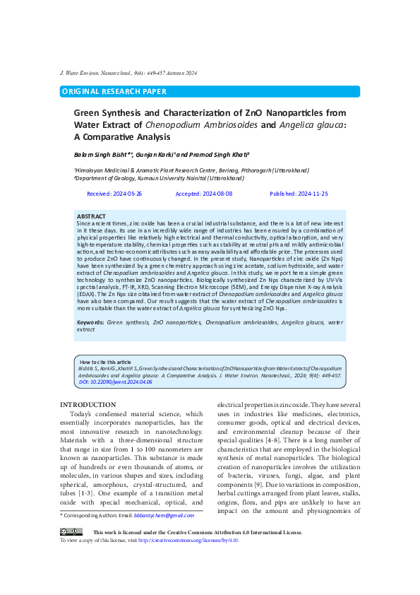 (PDF) Green Synthesis and Characterization of ZnO Nanoparticles from Water Extract of ...