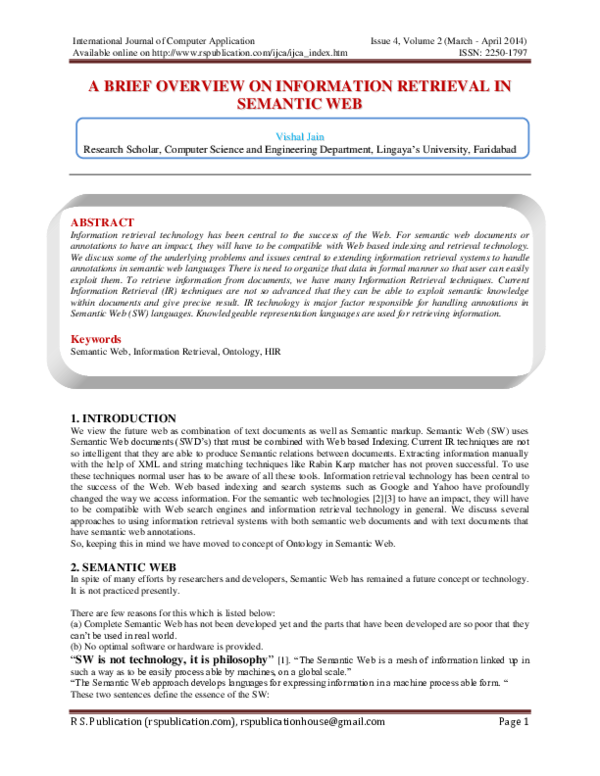 (PDF) A Brief Overview on Information Retrieval in Semantic Web