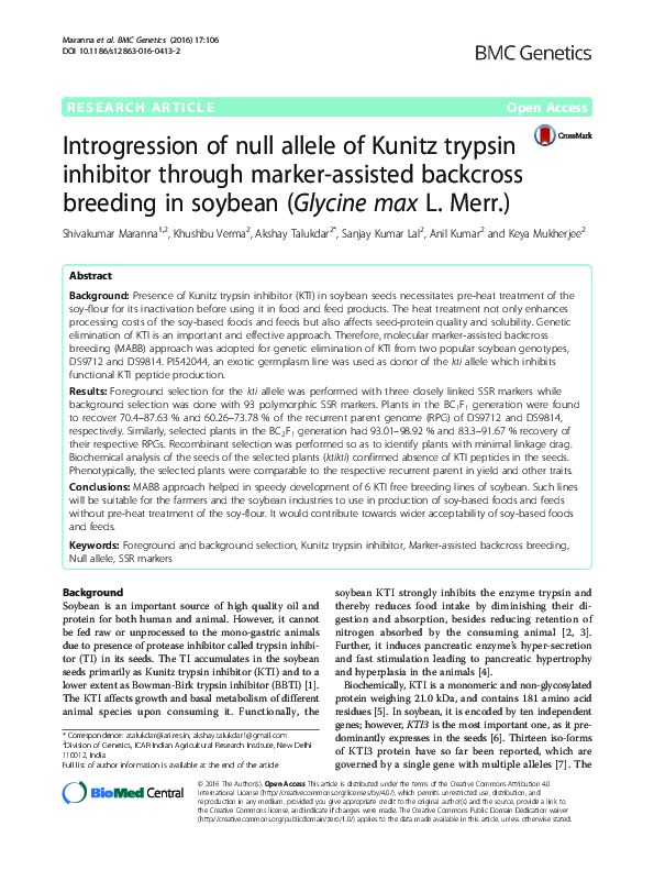 (PDF) Introgression of null allele of Kunitz trypsin inhibitor through ...