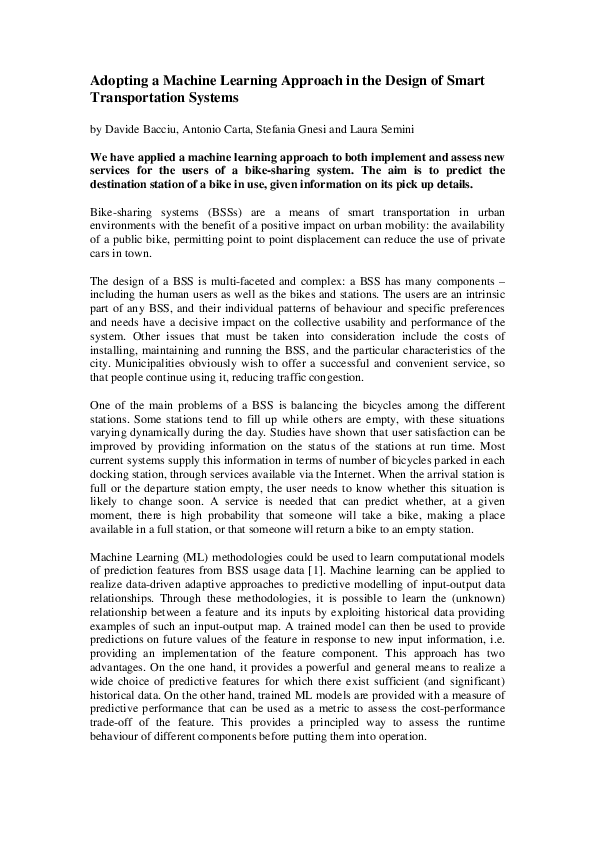 (PDF) Adopting a Machine Learning Approach in the Design of Smart Transportation Systems