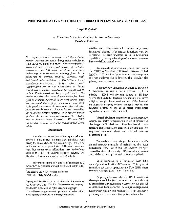 Pdf Precise Relative Motions Of Formation Flying Space Vehicles