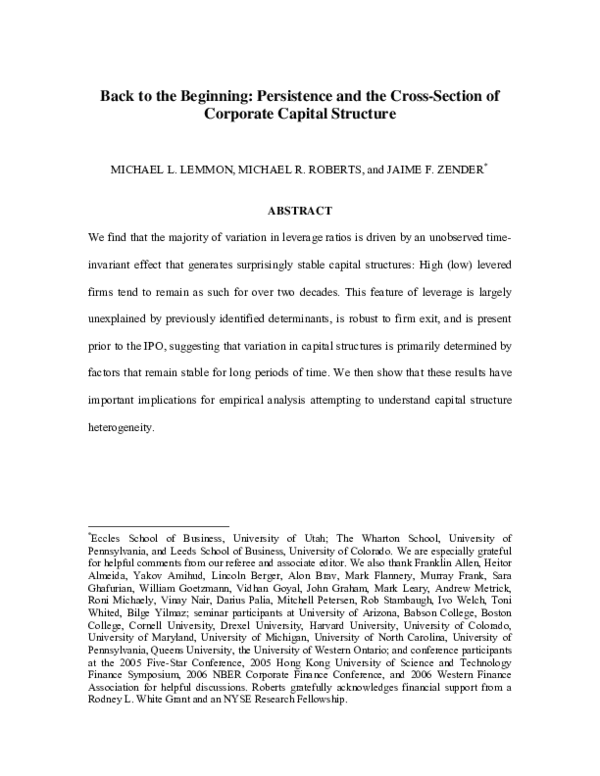 (PDF) Back to the Beginning: Persistence and the Cross‐Section of Corporate Capital Structure