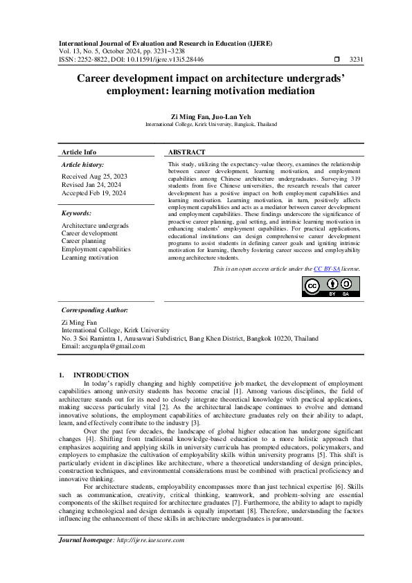 (PDF) Career development impact on architecture undergrads’ employment: learning motivation ...