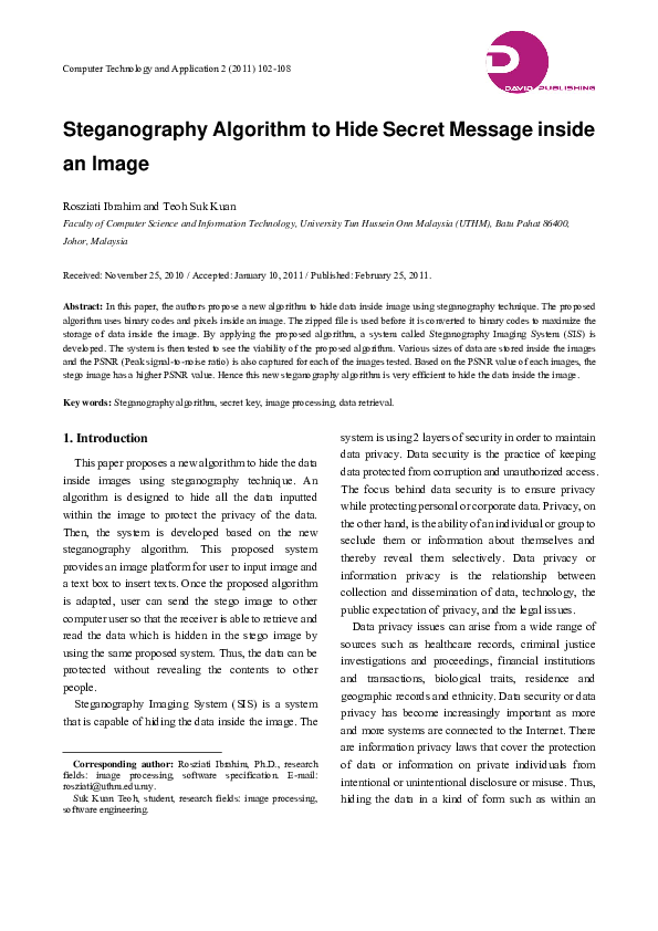 (PDF) Steganography Algorithm to Hide Secret Message inside an Image