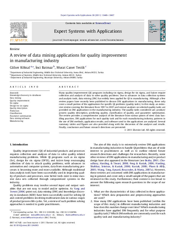 (PDF) A review of data mining applications for quality improvement in manufacturing industry