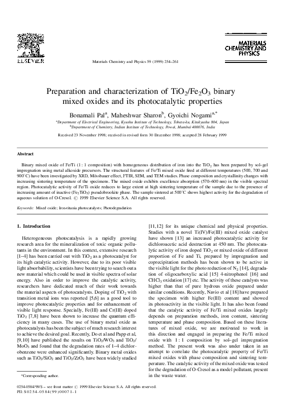 (PDF) Preparation and characterization of TiO 2 /Fe 2 O 3 binary mixed oxides and its ...