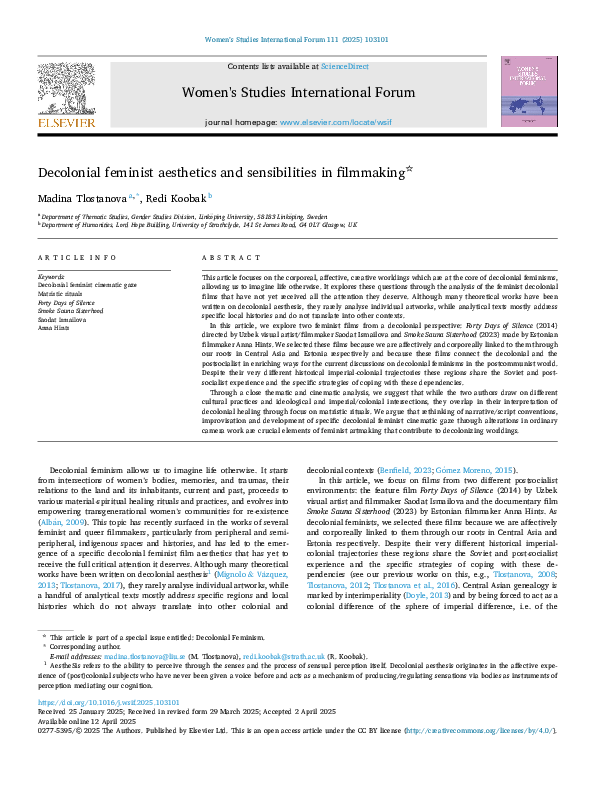 (PDF) Decolonial feminist aesthetics and sensibilities in filmmaking