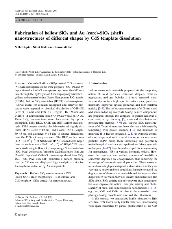 (PDF) Fabrication of hollow SiO 2 and Au (core)-SiO 2 (shell ...