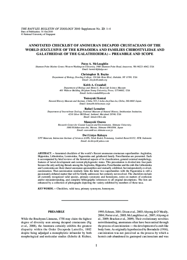 (PDF) Annotated Checklist of Anomuran Decapod Crustaceans of the World ...