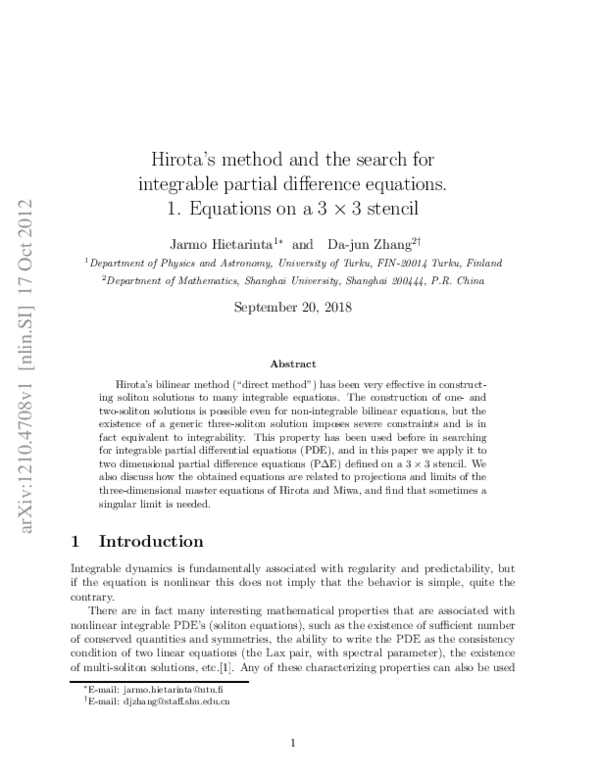 (PDF) Hirota's method and the search for integrable partial difference ...