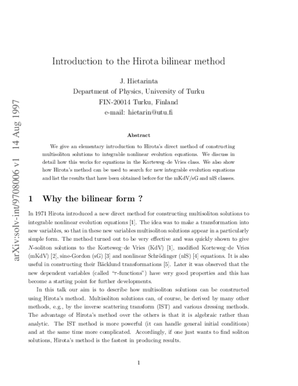(PDF) Introduction to the Hirota Bilinear Method