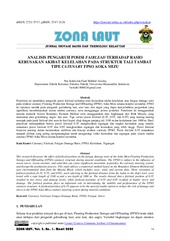 (PDF) Analisis Pengaruh Posisi Fairlead Terhadap Rasio Kerusakan Akibat Kelelahan Pada Struktur ...