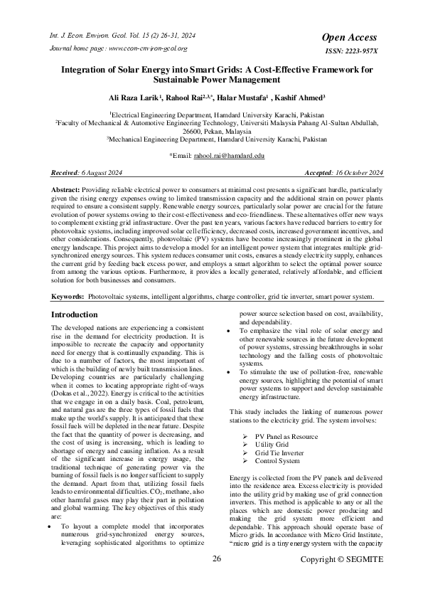 (PDF) Integration of Solar Energy into Smart Grids: A Cost-Effective ...