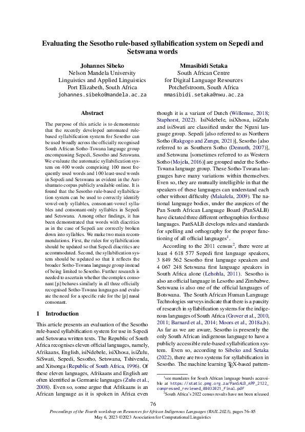(PDF) Evaluating the Sesotho rule-based syllabification system on ...
