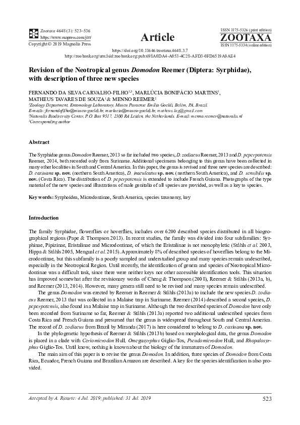 (PDF) Revision of the Neotropical genus Domodon Reemer (Diptera ...