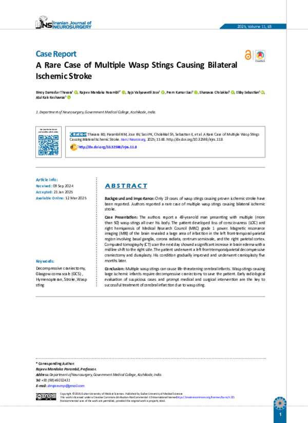 (PDF) A Rare Case of Multiple Wasp Stings Causing Bilateral Ischemic Stroke