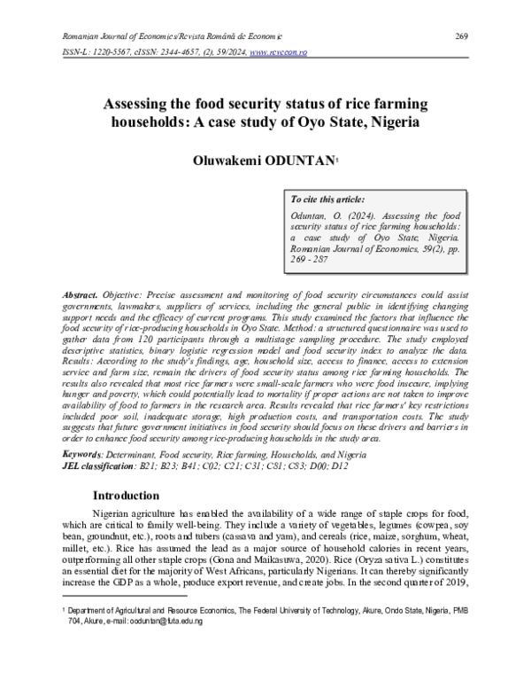 (PDF) Assessing the food security status of rice farming households: A ...