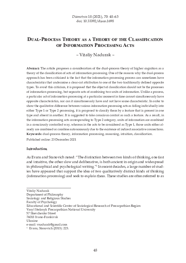 (PDF) Dual-Process Theory as a Theory of the Classification of Information Processing Acts