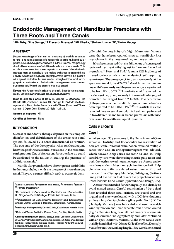 (PDF) Endodontic Management of Mandibular Premolars with Three Roots and Three Canals