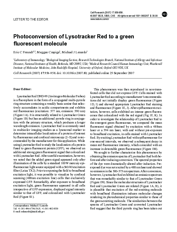 (PDF) Photoconversion of Lysotracker Red to a green fluorescent molecule