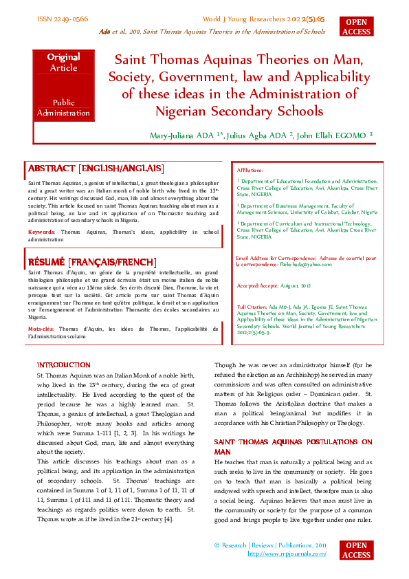 (PDF) Saint Thomas Aquinas Theories on Man, Society, Government, law ...
