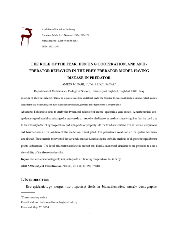 (PDF) THE ROLE OF THE FEAR, HUNTING COOPERATION, AND ANTI-PREDATOR BEHAVIOR IN THE PREY PREDATOR ...