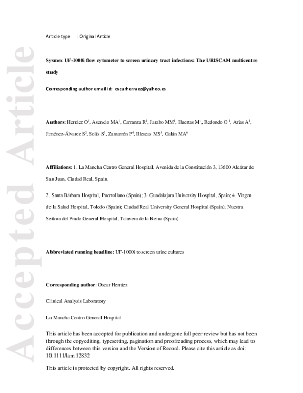 (PDF) Sysmex UF-1000i flow cytometer to screen urinary tract infections ...