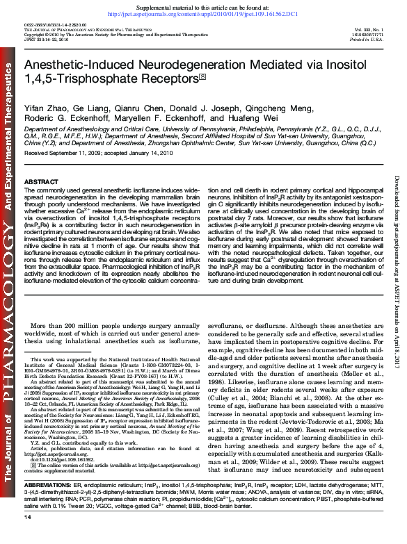 (PDF) Anesthetic-Induced Neurodegeneration Mediated via Inositol 1,4,5-Trisphosphate Receptors