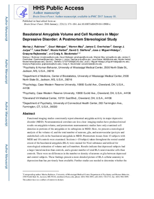(PDF) Basolateral amygdala volume and cell numbers in major depressive ...