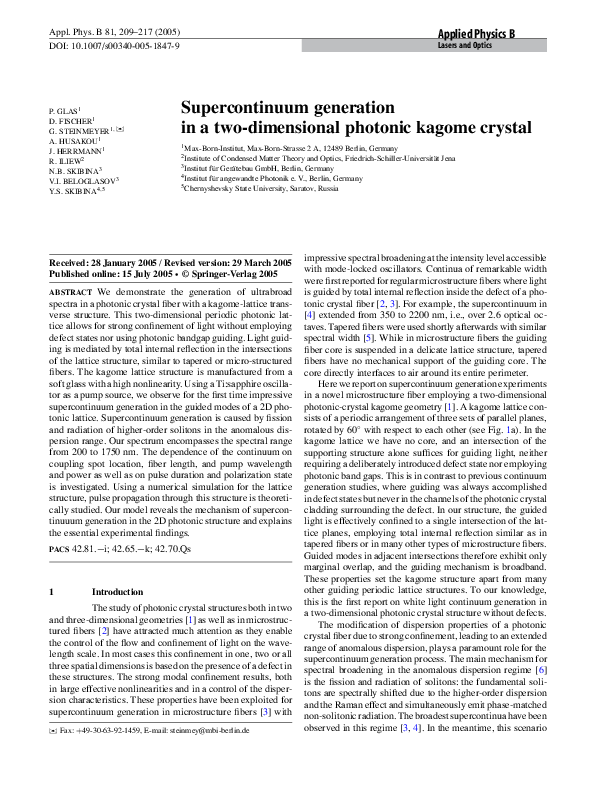 (PDF) Supercontinuum generation in a two-dimensional photonic kagome crystal