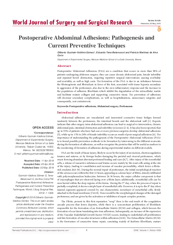(PDF) Postoperative Abdominal Adhesions: Pathogenesis and Current ...