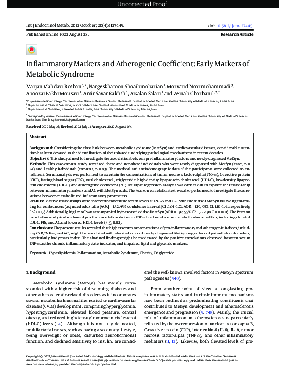 (PDF) Inflammatory Markers and Atherogenic Coefficient: Early Markers of Metabolic Syndrome
