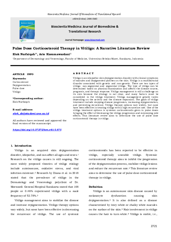 (PDF) Pulse Dose Corticosteroid Therapy in Vitiligo: A Narrative Literature Review