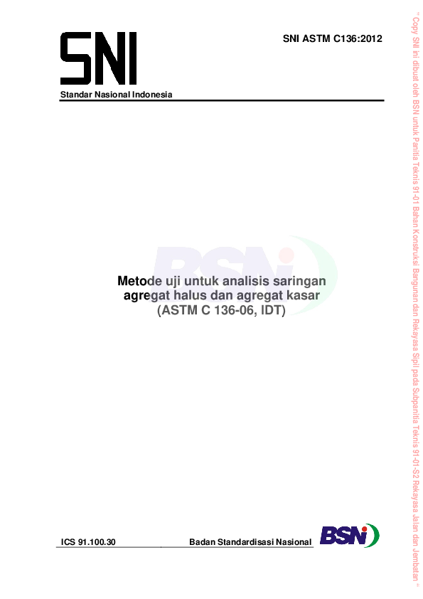 (PDF) SNI ASTM C136 : 2012 Metode uji untuk analisis saringan agregat halus dan agregat kasar ...