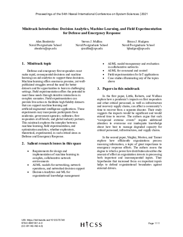 (PDF) Introduction to the Minitrack on Decision Analytics, Machine Learning, and Field ...