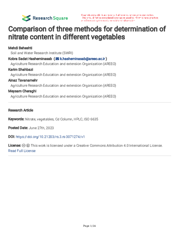 Pdf Comparison Of Three Methods For Determination Of Nitrate Content In Different Vegetables