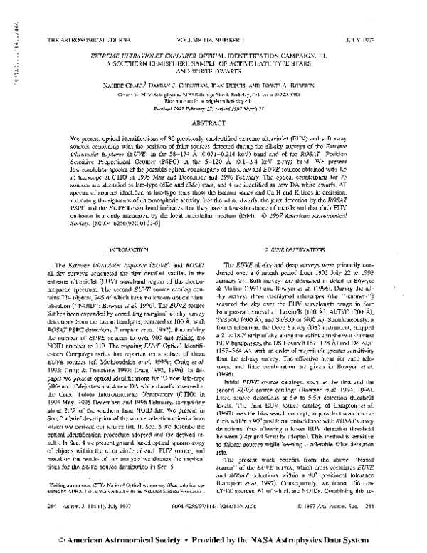 (PDF) Extreme Ultraviolet Explorer Optical Identification Campaign.III ...