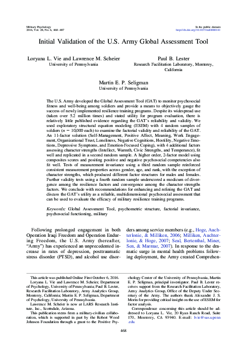 (PDF) Initial Validation of the U.S. Army Global Assessment Tool