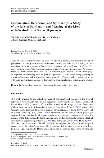 (PDF) Disconnection, Depression, and Spirituality: A Study of the Role ...