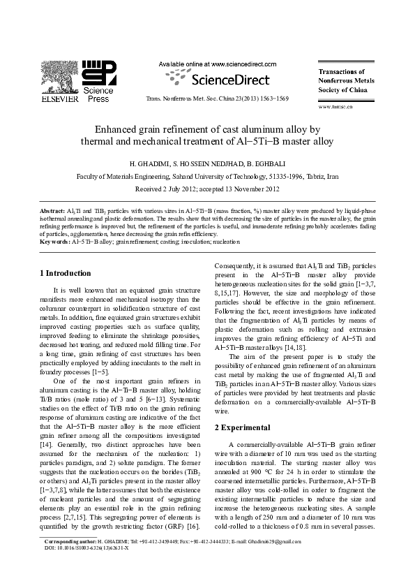 (PDF) Enhanced grain refinement of cast aluminum alloy by thermal and ...