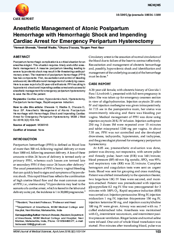 (PDF) Anesthetic Management of Atonic Postpartum Hemorrhage with ...