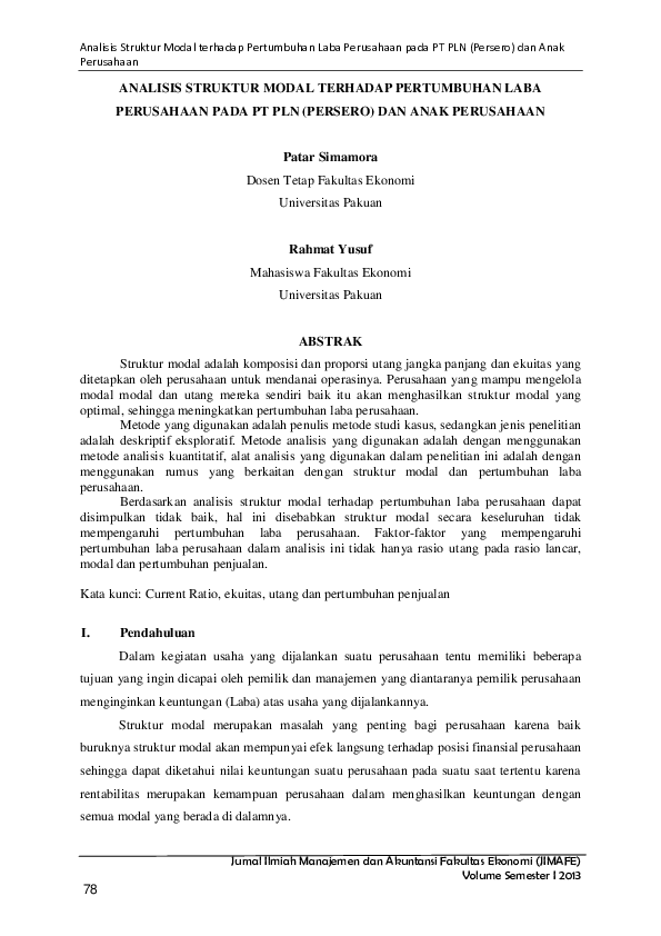 (PDF) Analisis Struktur Modal Terhadap Pertumbuhan Laba Perusahaan Pada PT PLN (Persero) Dan ...