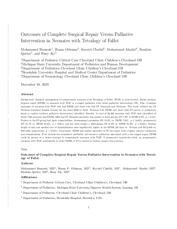 (PDF) Outcomes of Complete Surgical Repair Versus Palliative ...
