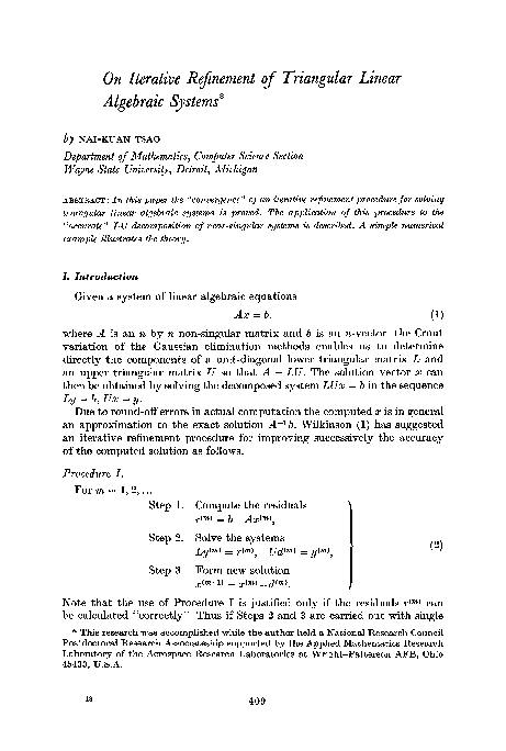 (PDF) On iterative refinement of triangular linear algebraic systems