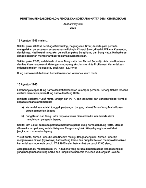 (PDF) PERISTIWA RENGASDENGKLOK: PENCULIKAN SOEKARNO-HATTA DEMI KEMERDEKAAN