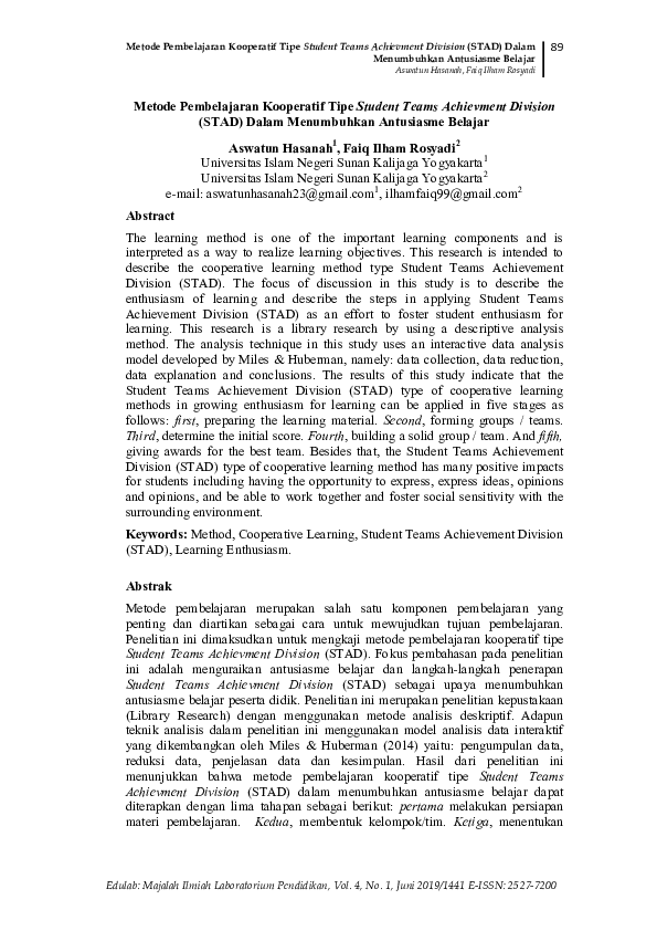 (PDF) Metode Pembelajaran Kooperatif Tipe Student Teams Achievment Division (STAD) Dalam ...