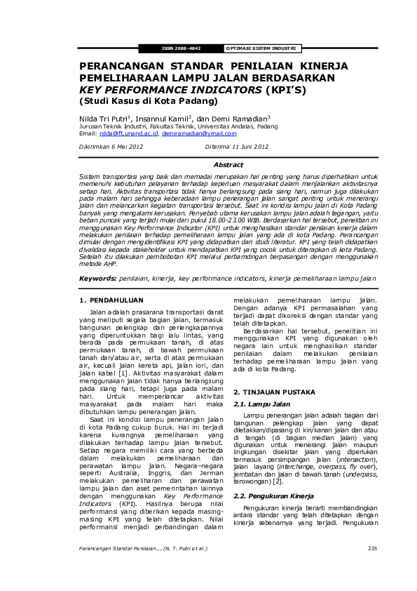 (PDF) Perancangan Standar Penilaian Kinerja Pemeliharaan Lampu Jalan ...