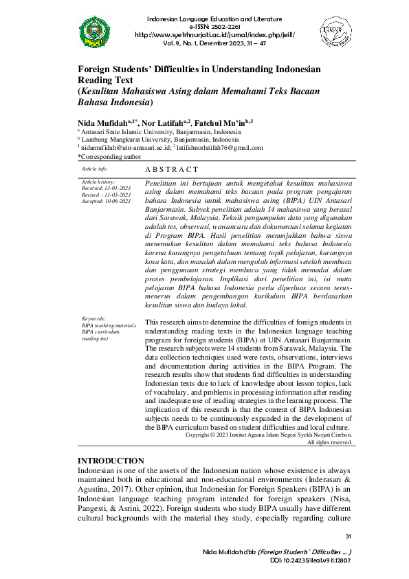 (PDF) Foreign Students’ Difficulties in Understanding Indonesian ...